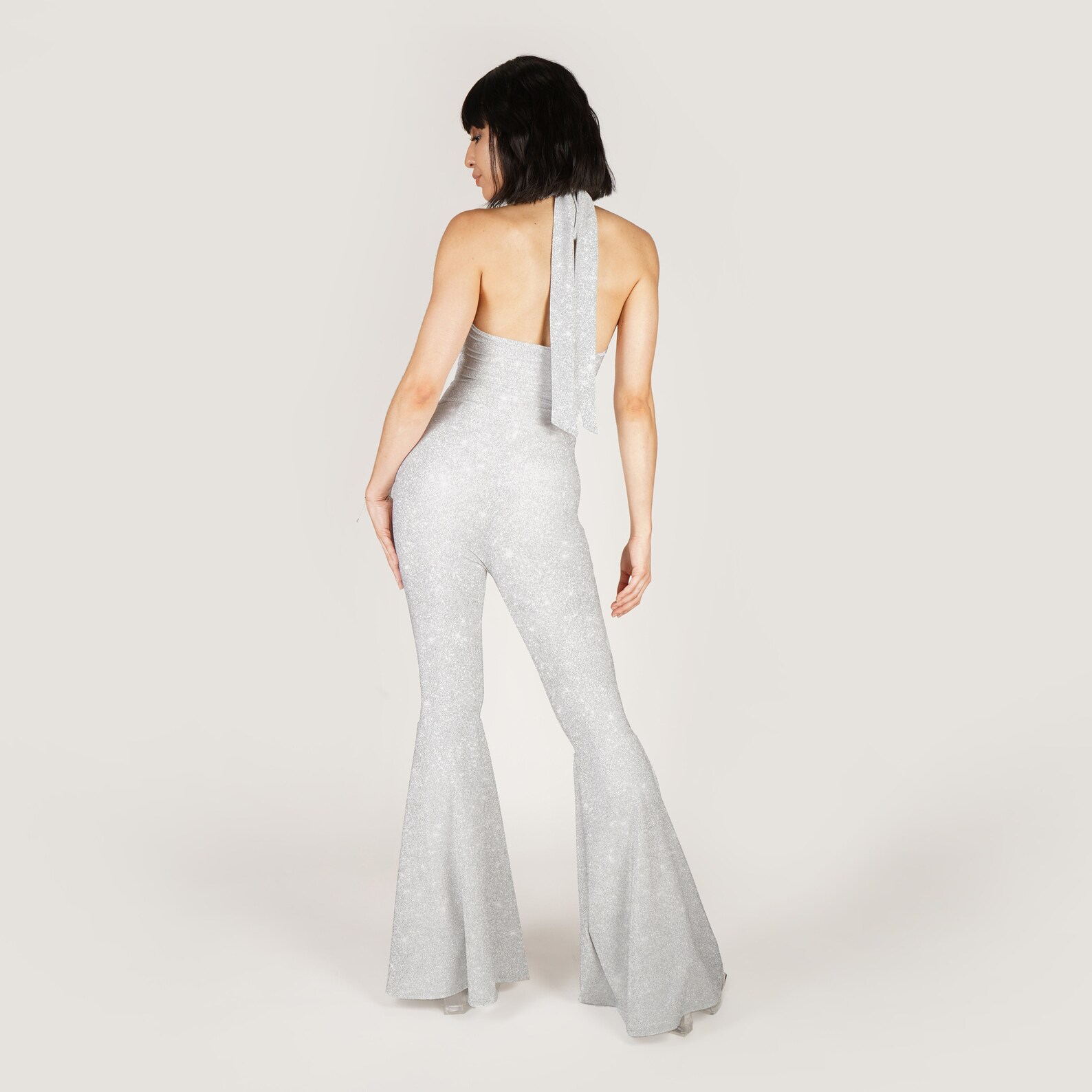 Silver Glitter Sparkle Catsuit Jumpsuit Bell Bottom Onesie Playsuit ...
