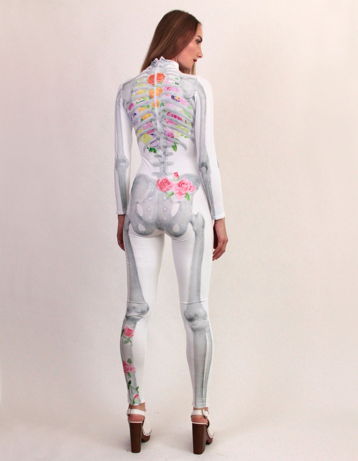 Day of the Dead Skeleton Flowers Watercolor Painting Catsuit Spandex ...