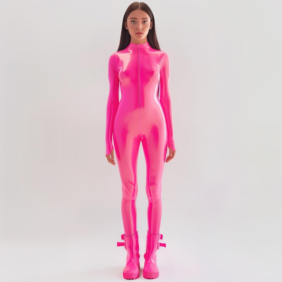 Custom Made Hot Pink Stretch Vinyl Catsuit PU Front Zip Bodysuit Faux ...