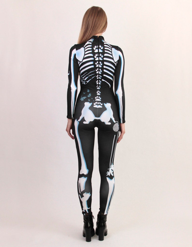 Skeleton and Cats Print Catsuit Spandex Jumpsuit Kittens Lover | Etsy