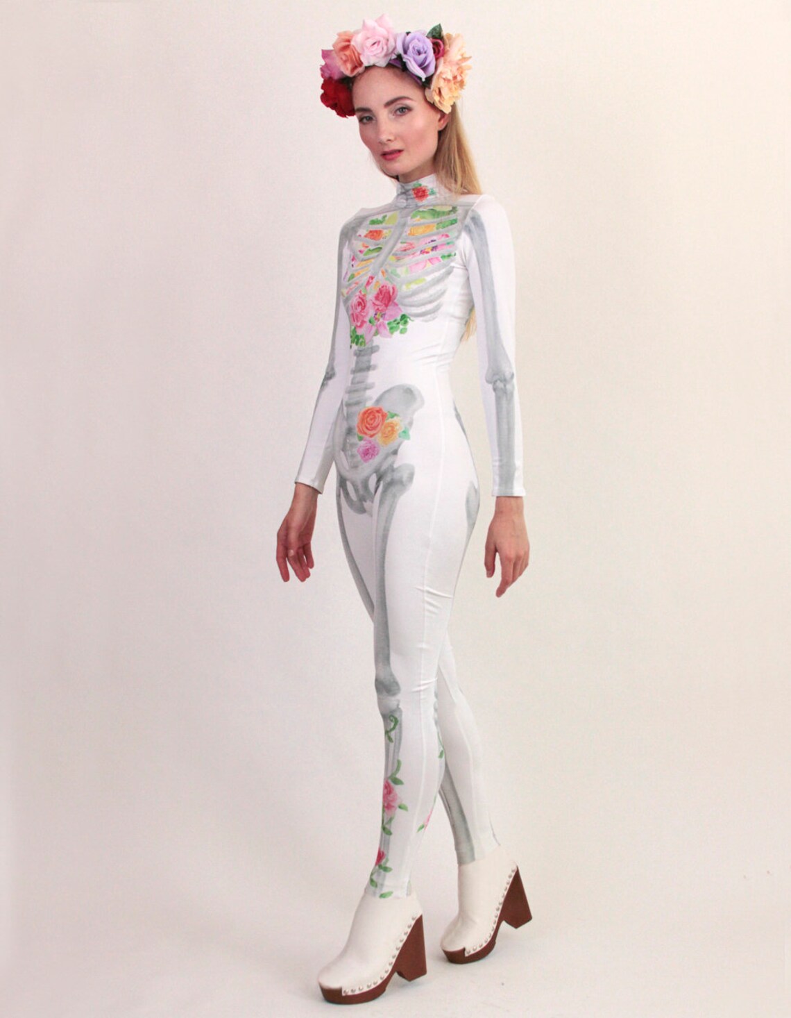 Day of the Dead Skeleton Flowers Watercolor Painting Catsuit Spandex ...