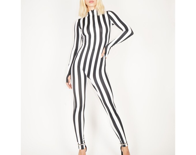 Black and White 1" Striped Print Catsuit Spandex Jumpsuit Unitard ...