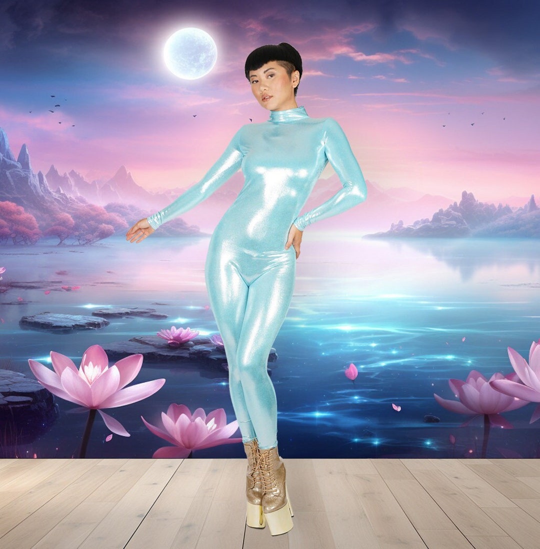 Hologram Iridescent Light Turquoise Blue Catsuit Spandex Jumpsuit ...