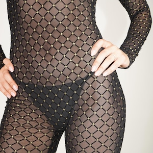 See-thru Mesh Catsuit With Glitter Diamond Pattern Spandex Bodysuit ...