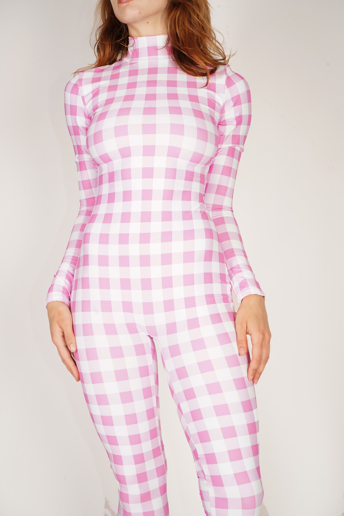 Pink Plaid Catsuit Spandex Bodysuit Barbie Costume Jumpsuit Onesie ...