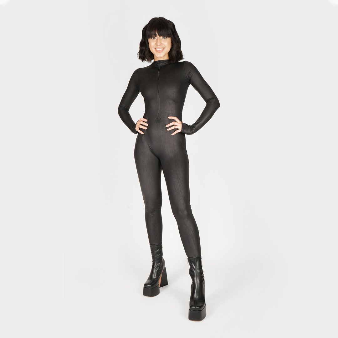 Matte Black Catsuit Front Zipper Jumpsuit Unitard Bodysuit Long Sleeves Thumb Holes Rubberized ...