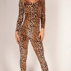 Leopard Print Velvet Catsuit Jumpsuit Snow Animal Safari Playsuit ...