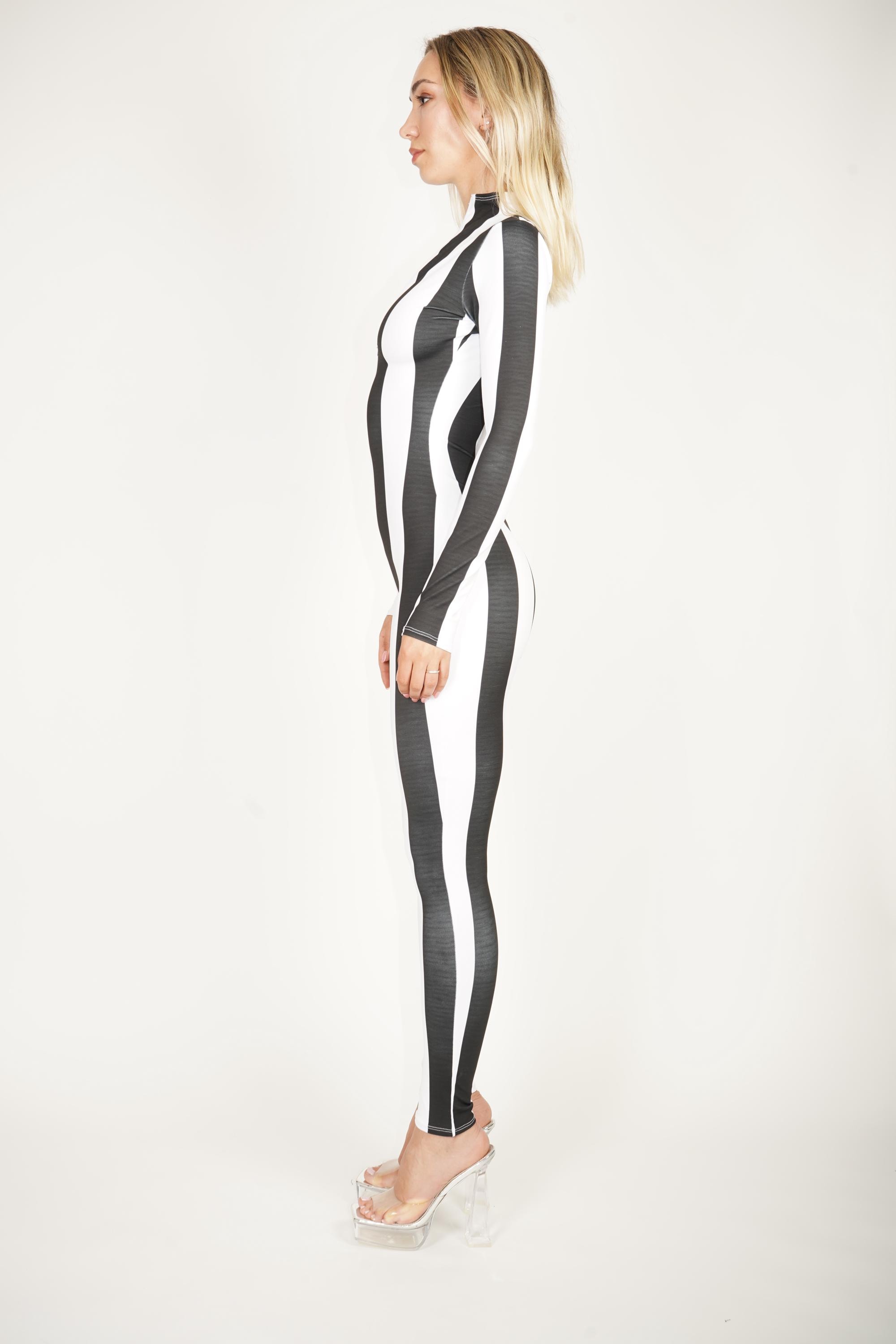 Black and White Striped Print Catsuit Spandex Jumpsuit Unitard Bodysuit ...