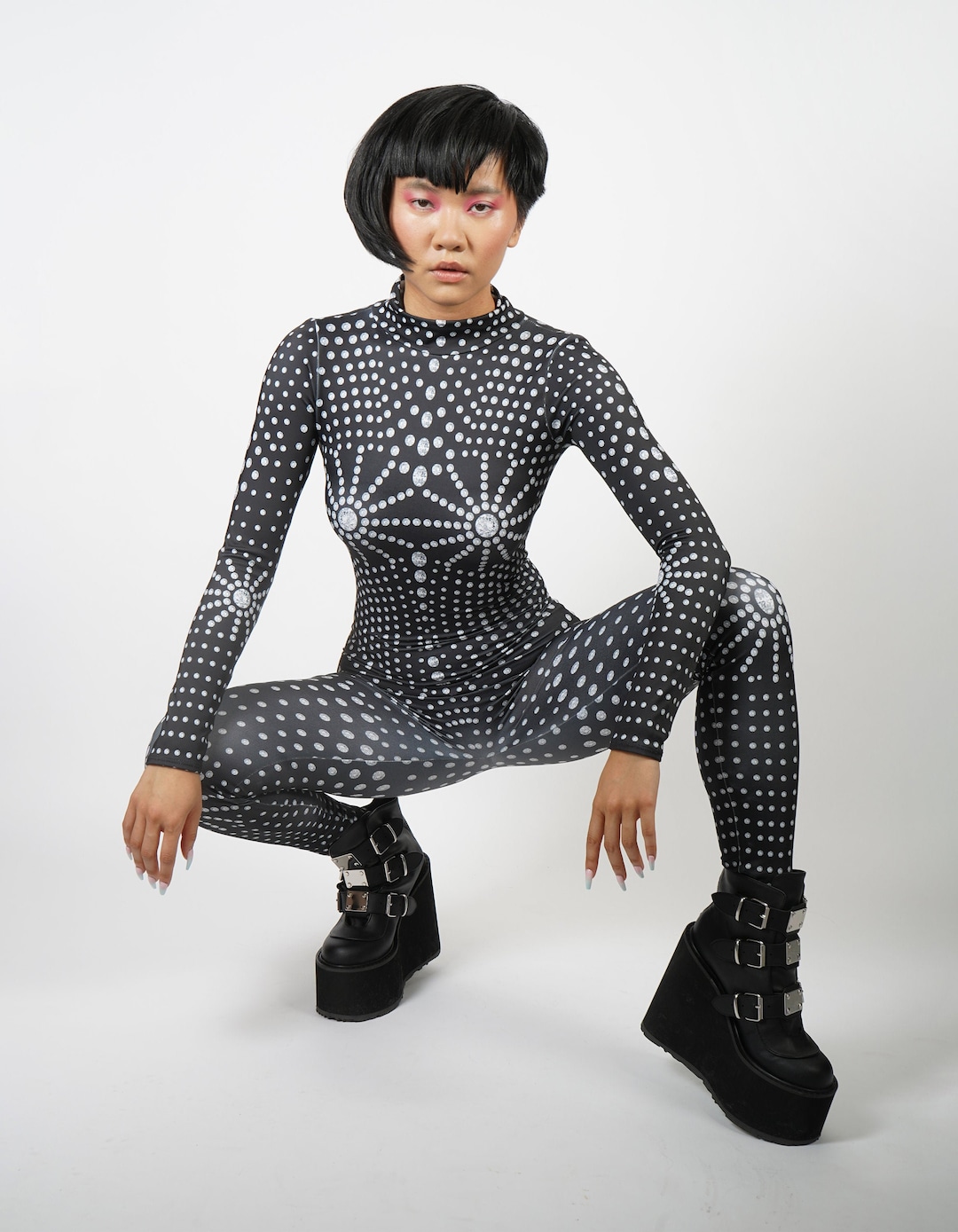 Diamonds Printed Catsuit Black and White Gemstones Rhinestones Spandex ...