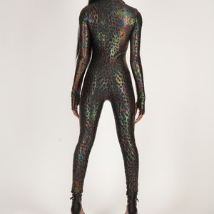 Oil Slick Metallic Black Catsuit Front Zipper Jumpsuit Unitard Bodysuit ...