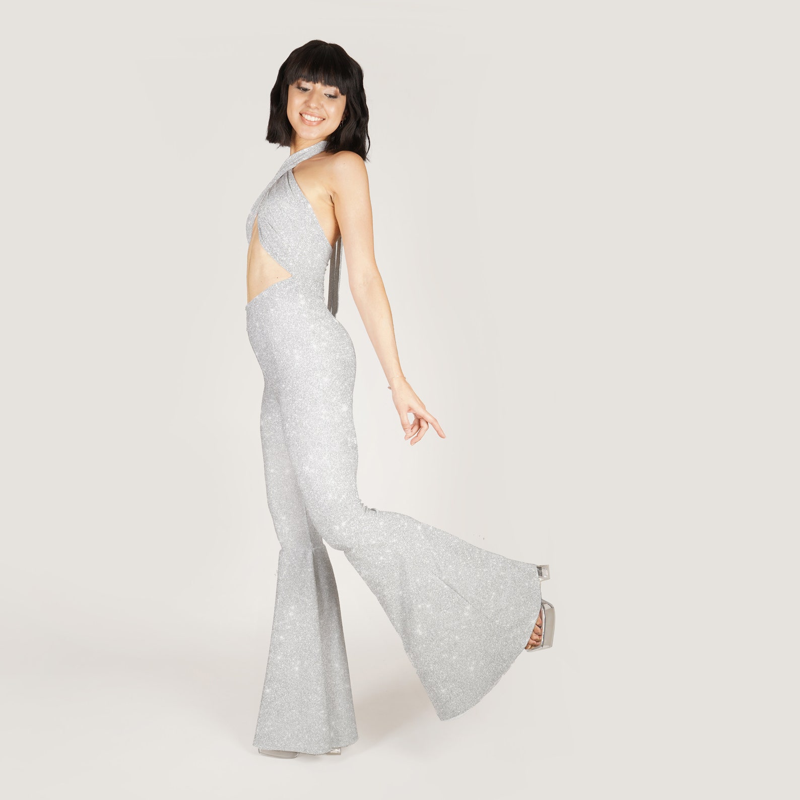 Silver Glitter Sparkle Catsuit Jumpsuit Bell Bottom Onesie Playsuit ...