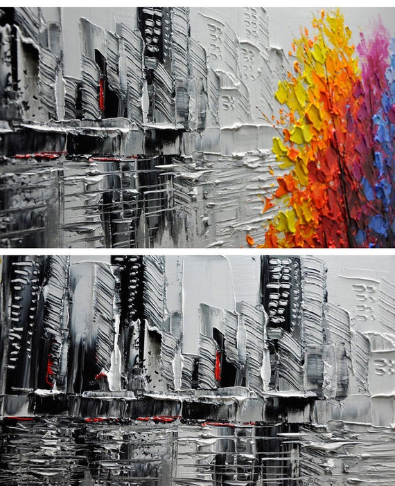 Large Living Room Bedroom Decor Wall Art Abstract White Black Colorful Cityscape Tree Thick Acrylic Palette Knife Oil Painting on Canvas Etsy UK