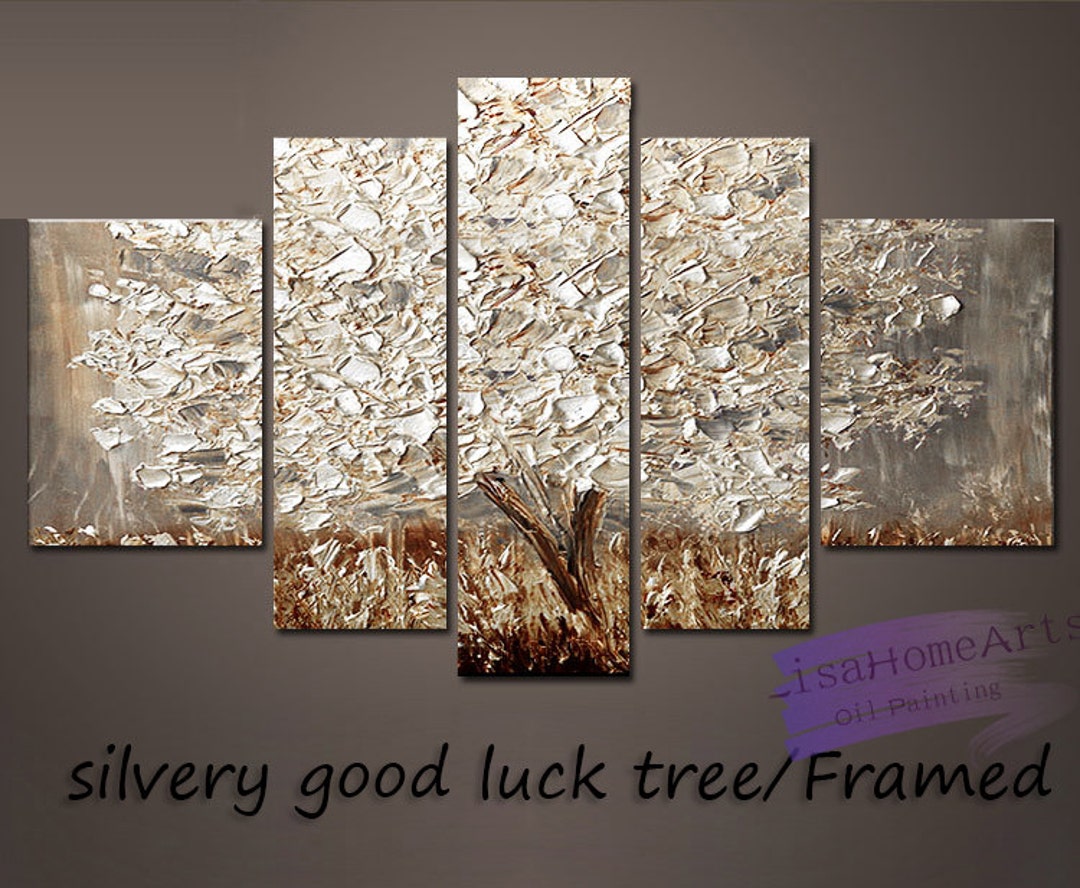 Hand Painted Large Art Silvery Lucky Tree Thick Palette Knife Oil ...