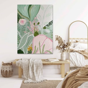 Original Abstract Green Pink Flowers Plants Oil Painting on Canvas Nursery Wall Decor Flower ...