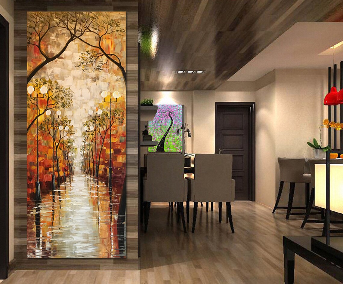 Hand Painted Large Modern Home Decor Wall Art Rainy Night Street Light ...