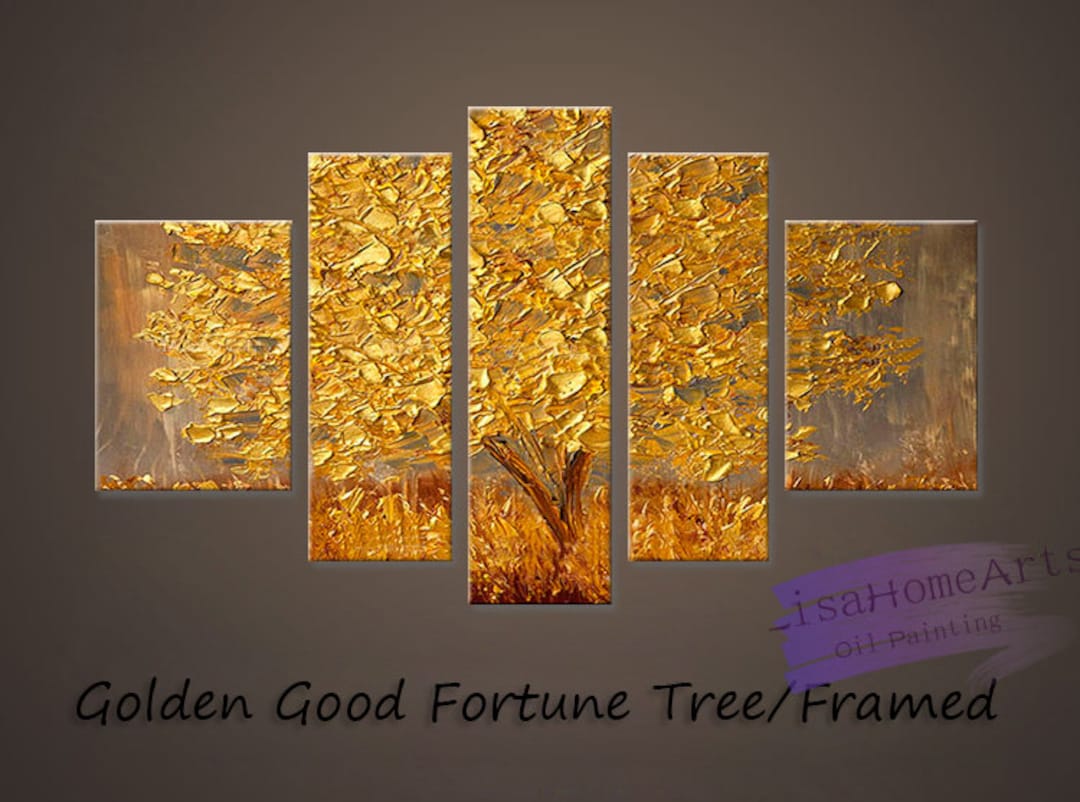 Large Hand Painted Good Fortune Tree Painting Gold Wall Art Thick ...