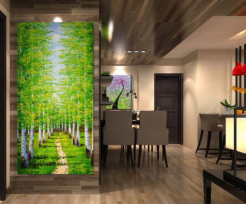 Buy Large Hand-painted Home Decor Wall Art Vertical Green Birch Tree ...