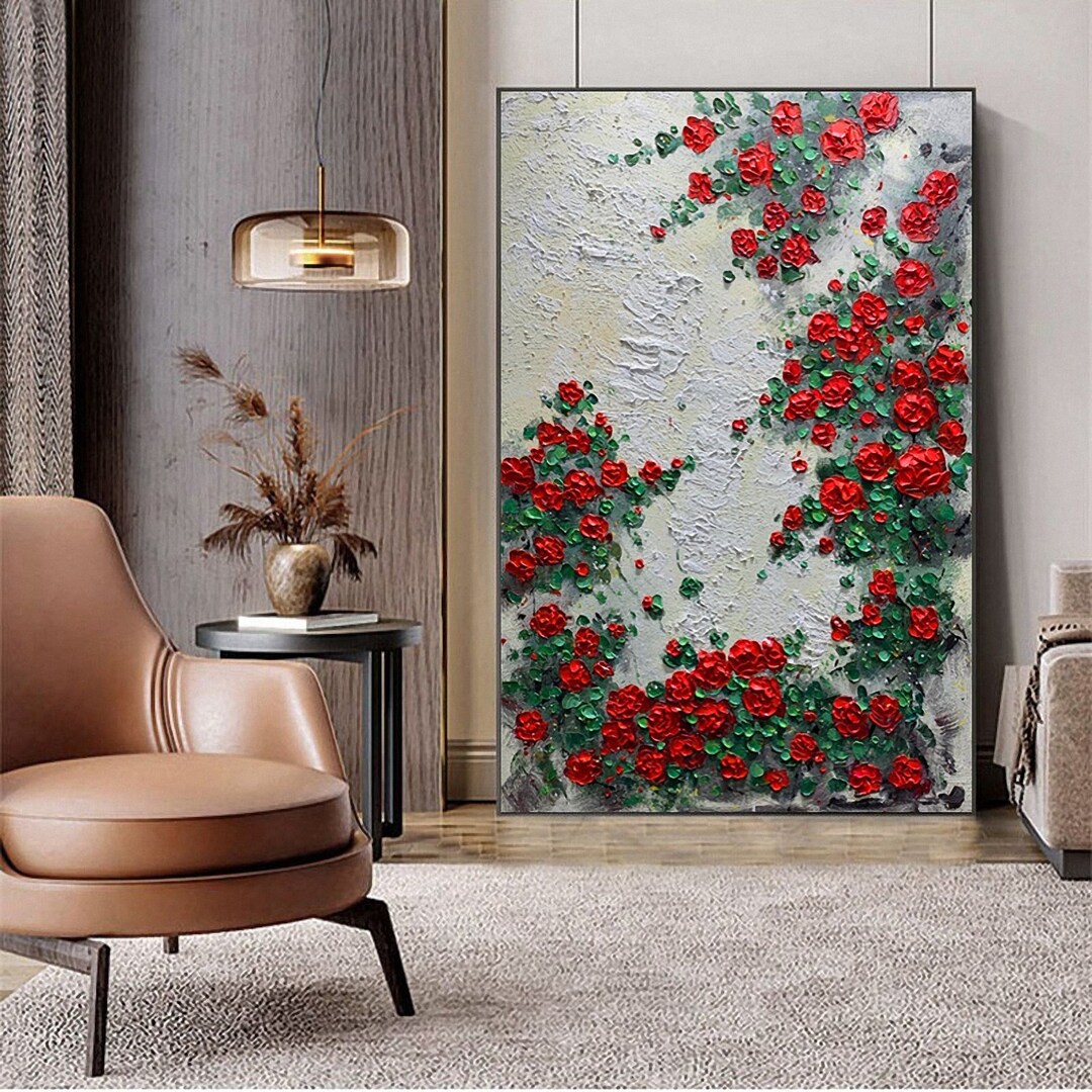 Large 3D Red Rose Flower Oil Painting on Canvas Abstract Floral Wall ...