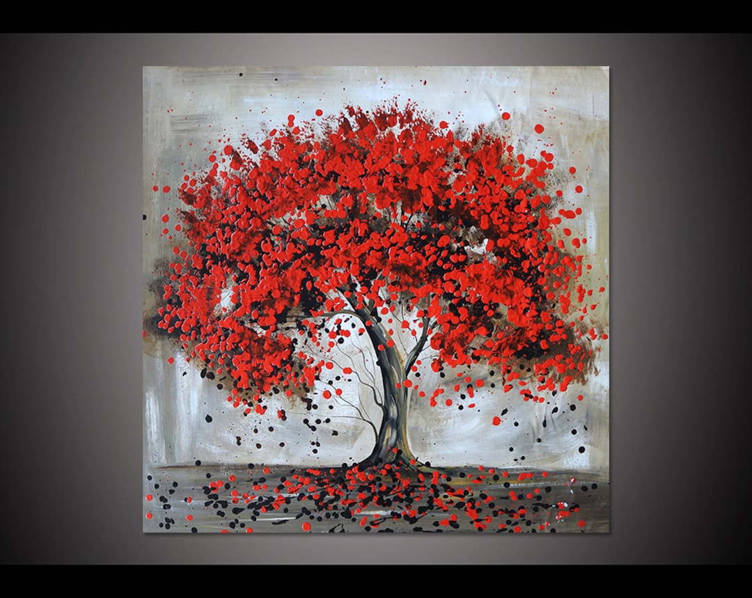 Large Handpainted Abstract Red Brown Old Tree Thick Texture Oil ...