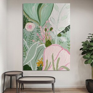 Original Abstract Green Pink Flowers Plants Oil Painting on Canvas Nursery Wall Decor Flower ...