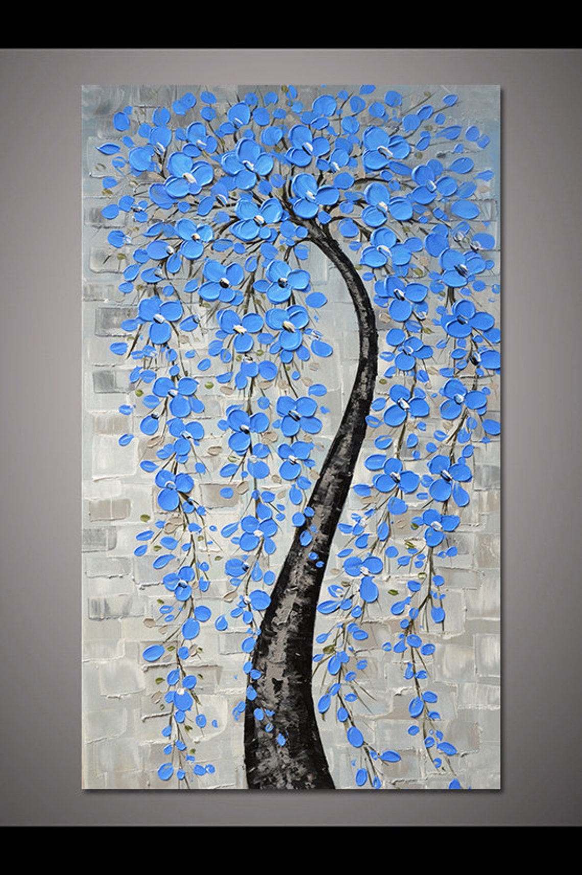Hand-painted Light Blue Flower Tree Wall Art Picture for Living Room ...
