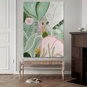 Original Abstract Green Pink Flowers Plants Oil Painting on Canvas Nursery Wall Decor Flower ...