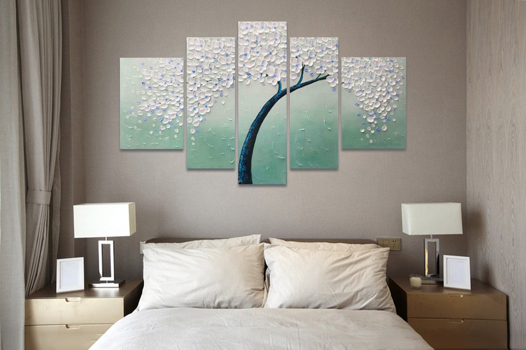 Hand-painted Framed Home Decor Wall Art Abstract Turquoise White Flower ...