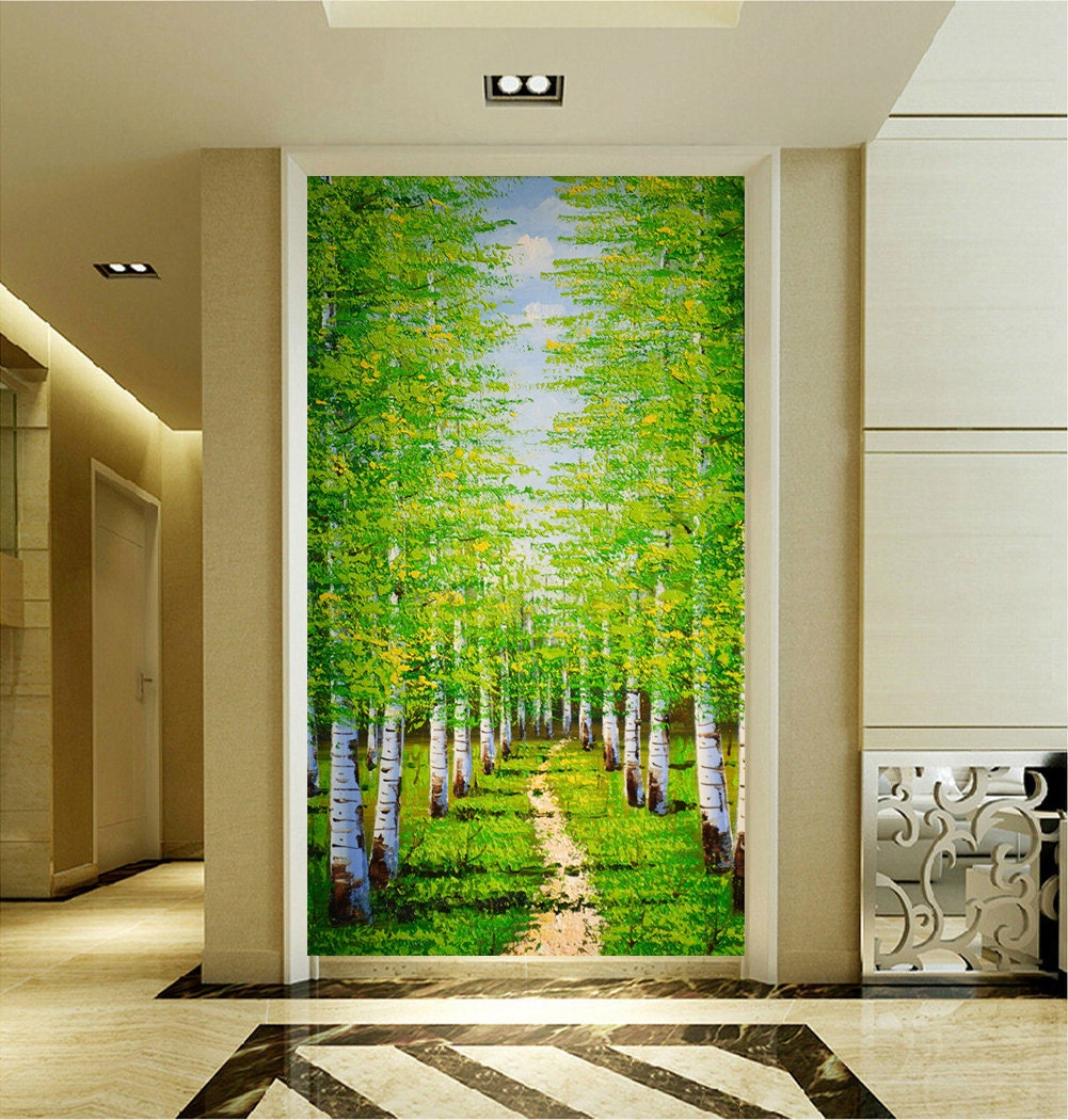 Large Hand-painted home decor wall art vertical Green birch | Etsy