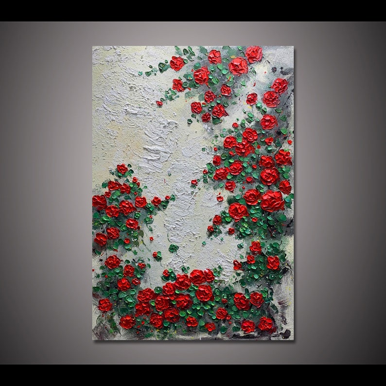 Large 3D Red Rose Flower Oil Painting on Canvas Abstract Floral Wall ...