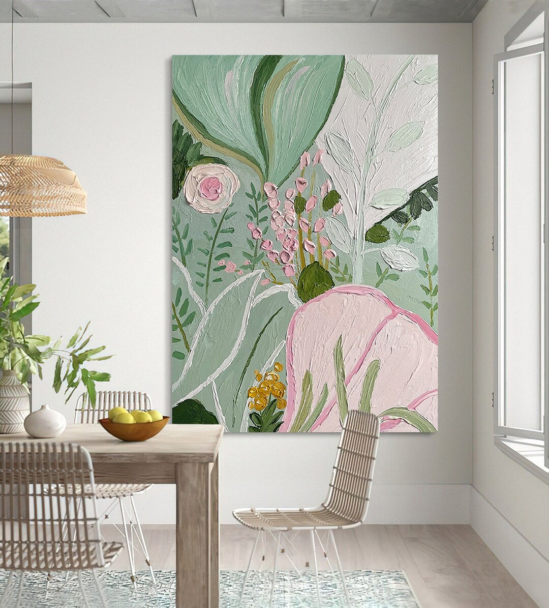 Original Abstract Green Pink Flowers Plants Oil Painting on Canvas Nursery Wall Decor Flower ...