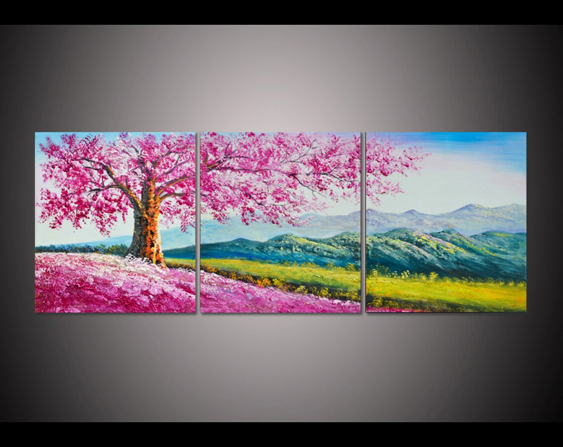 Pink Cherry Blossom Tree Painting Living Room Decor Landscape - Etsy