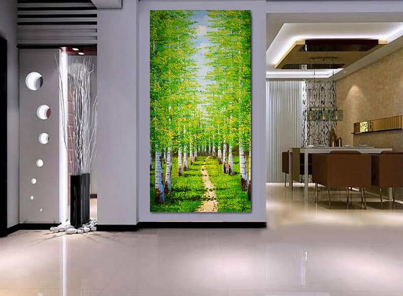 Buy Large Hand-painted Home Decor Wall Art Vertical Green Birch Tree ...