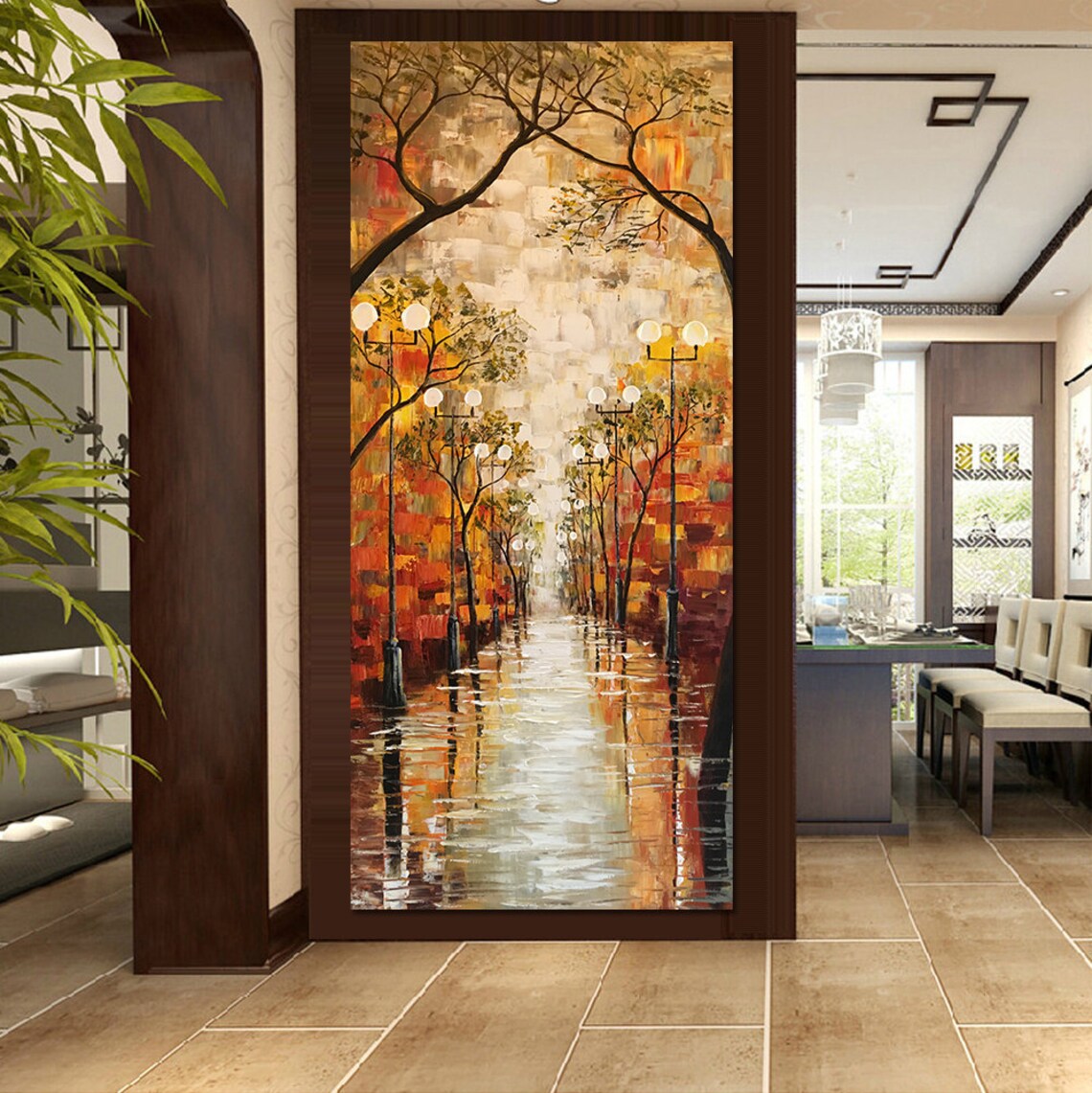 Hand Painted Large Modern Home Decor Wall Art Rainy Night Street Light ...