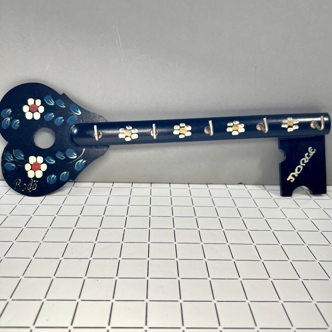Vintage Wooden Key Shaped Holder Key Hooks Folk Art Hand Painted Norway ...