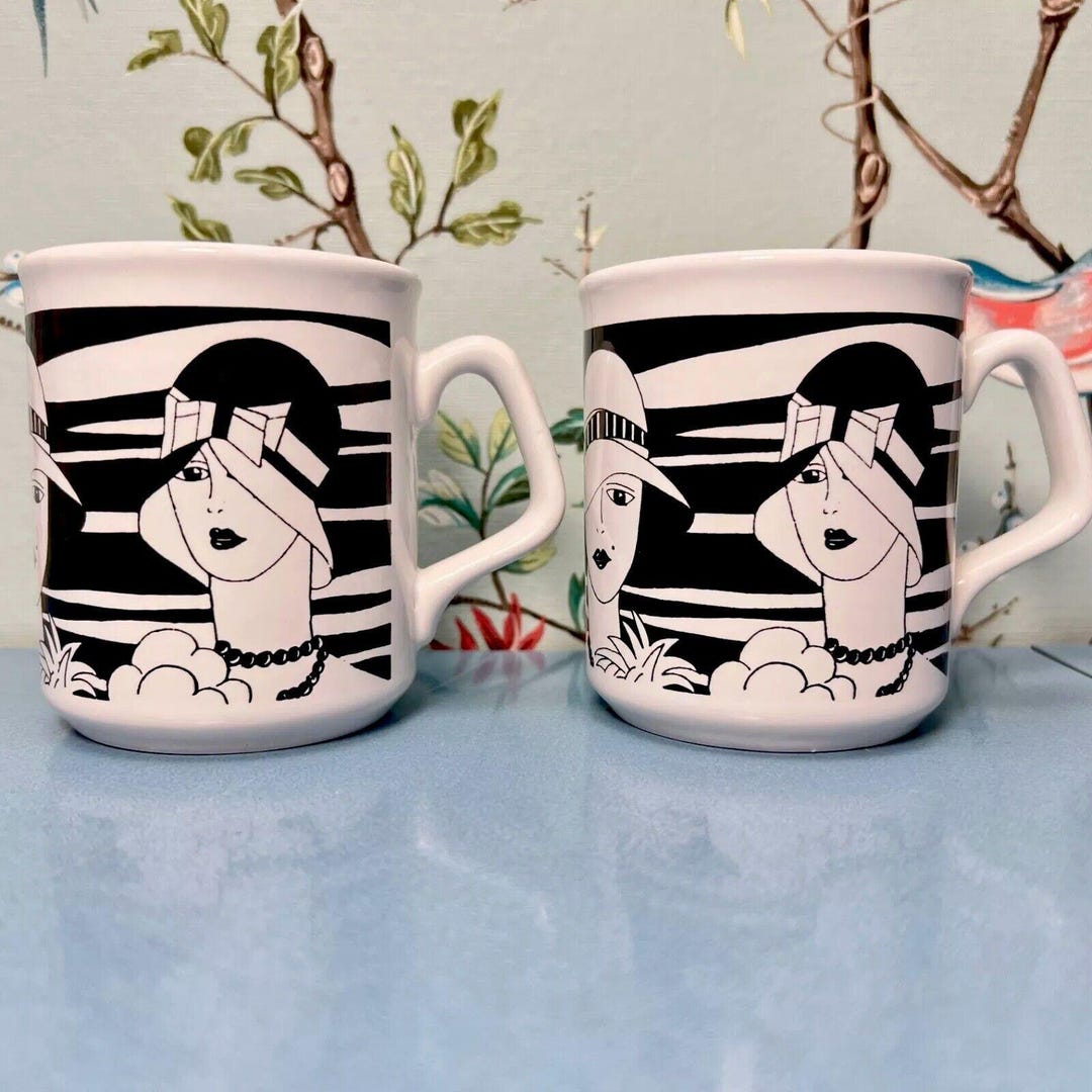 Vintage 80s Mugs Art Deco Ladies Design Made in England X2 UNUSED - Etsy