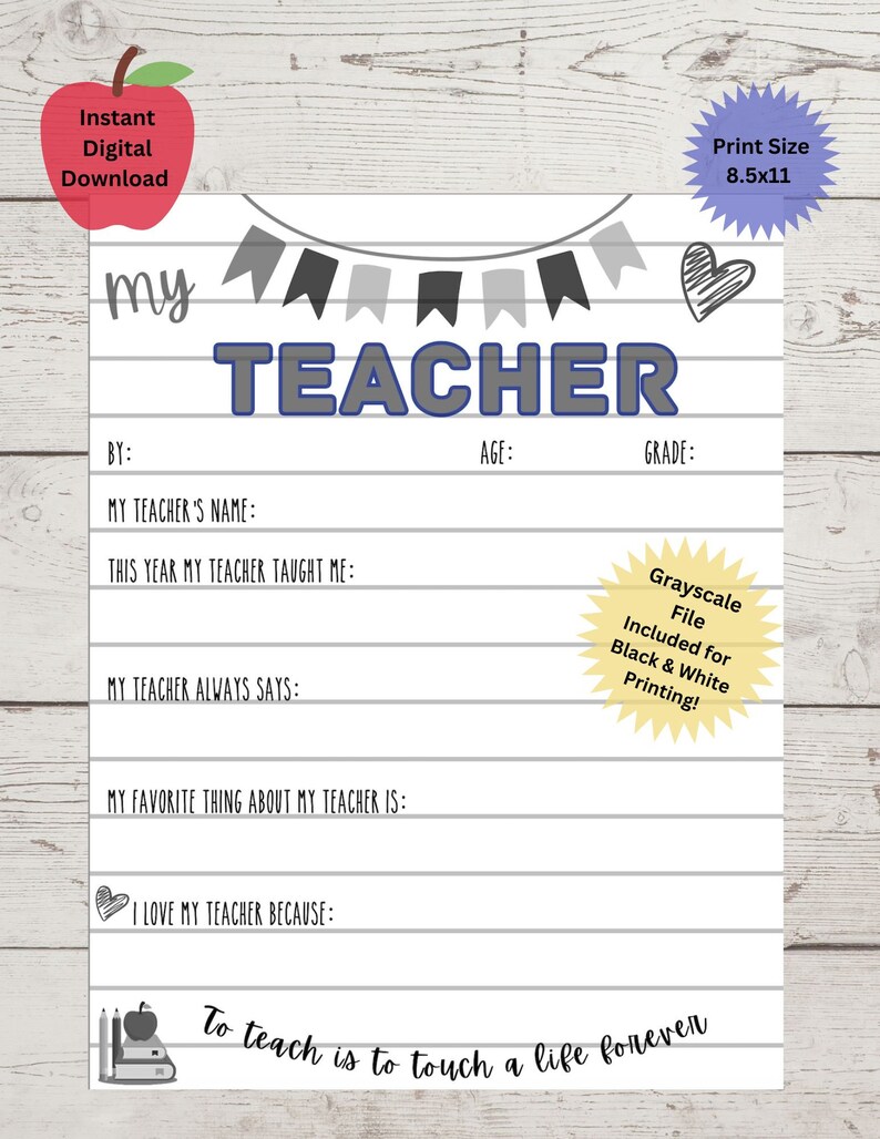 Teacher Appreciation Week Printable, All About My Teacher, Teacher ...