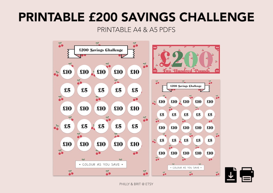 Printable 200 Pound Change Saving Challenge | A4 and A5 Size | GBP 200 ...