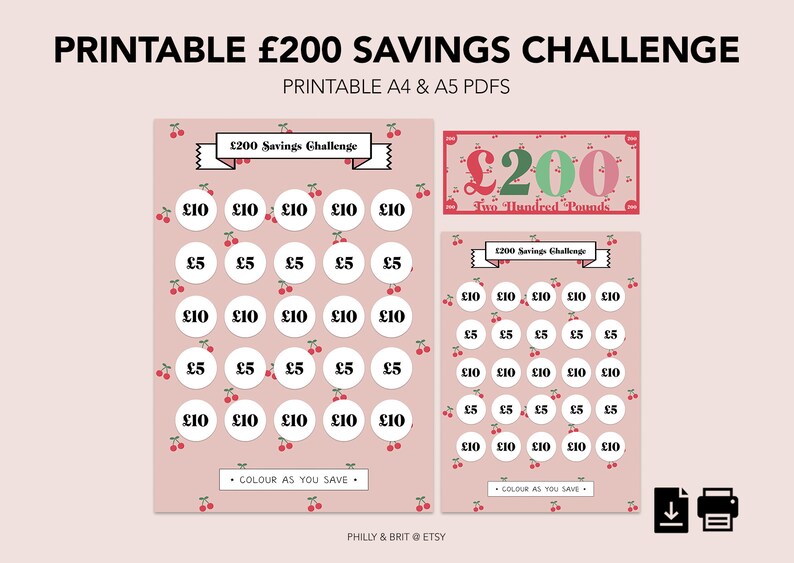 Printable 200 Pound Change Saving Challenge A4 and A5 Size - Etsy