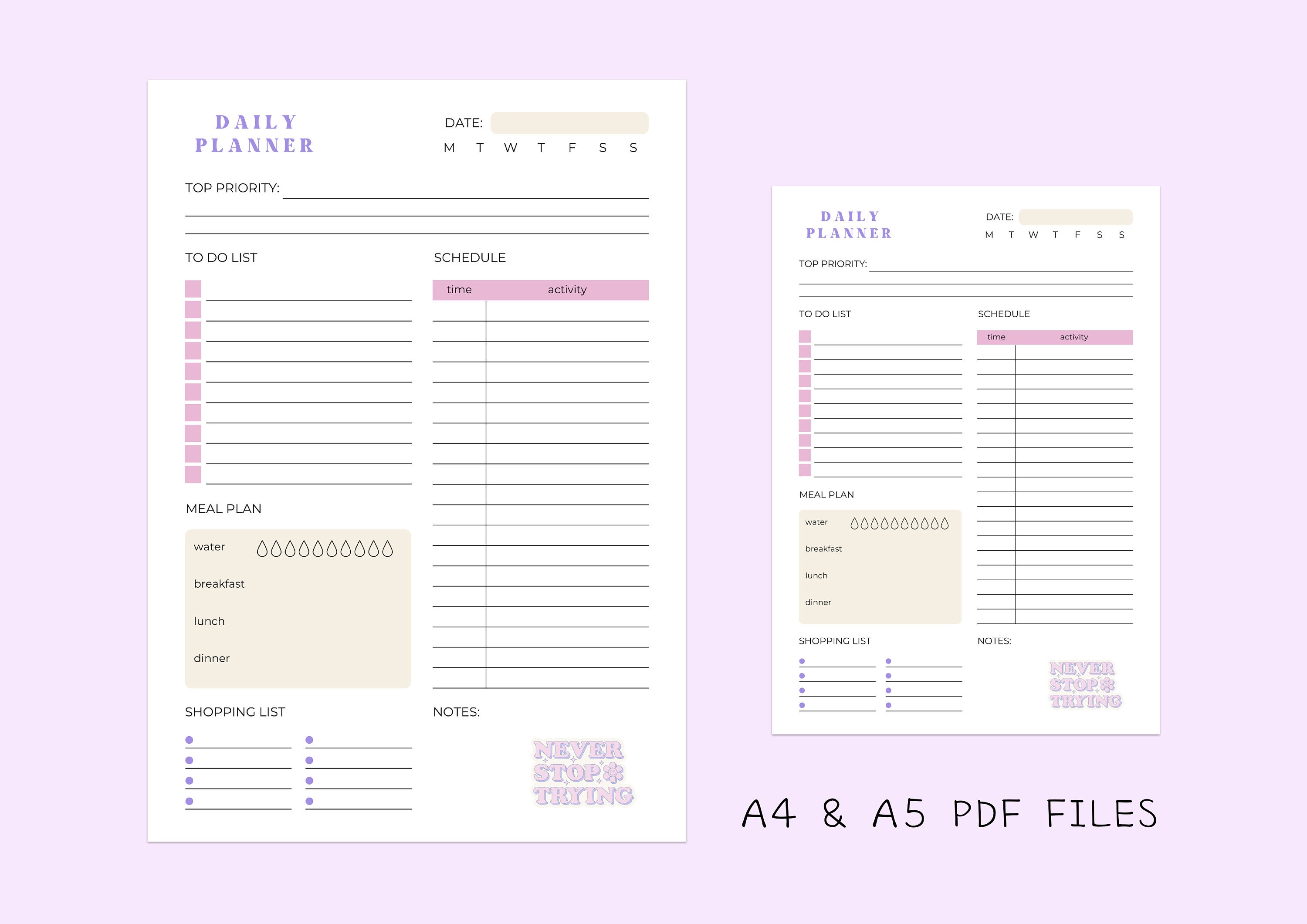 Printable Daily Planner | Never Stop Trying | to Do List | A4 | A5 ...