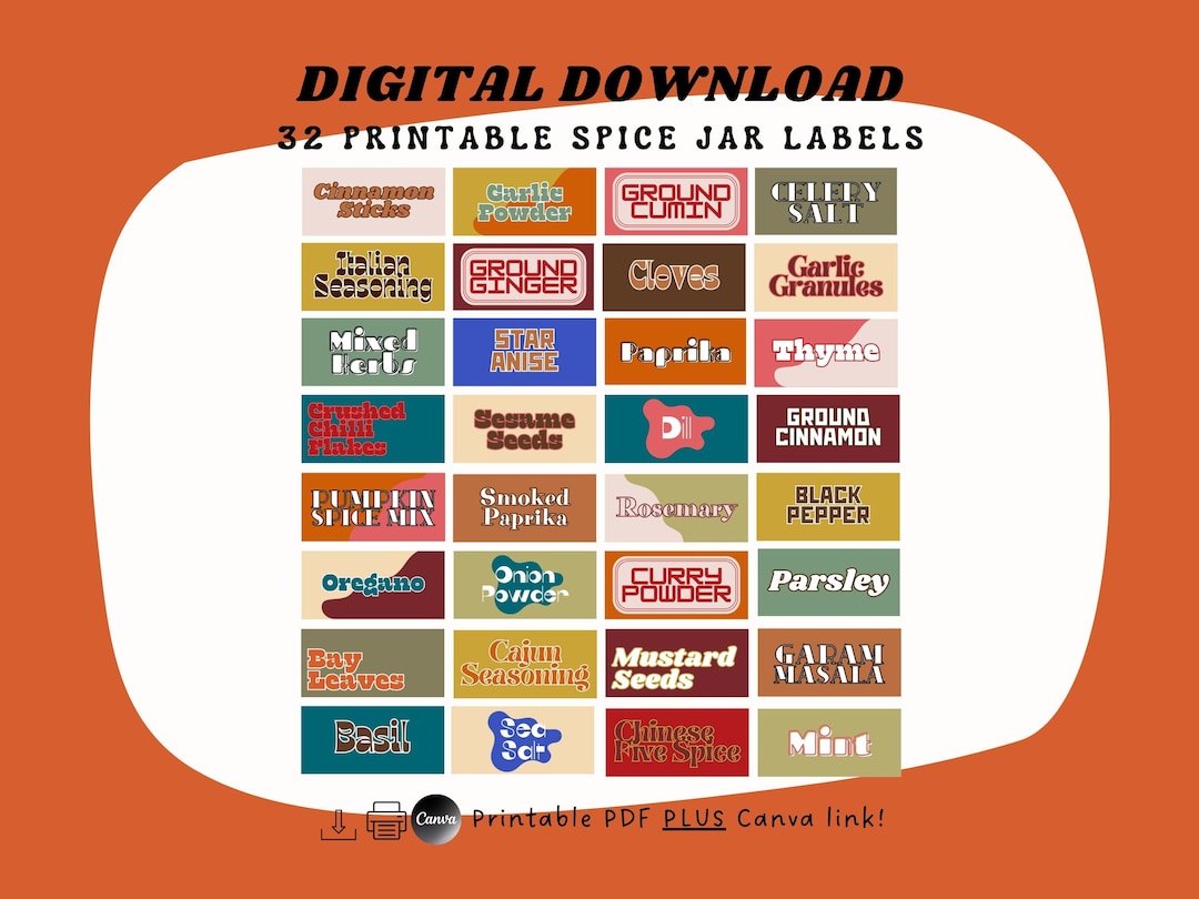 1970s Retro Spice Labels | PDF & Editable Canva Link, Kitsch, Spice ...