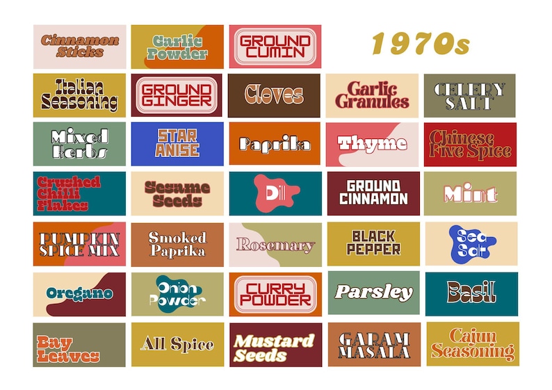 1970s Retro Spice Labels | PDF & Editable Canva Link, Kitsch, Spice ...