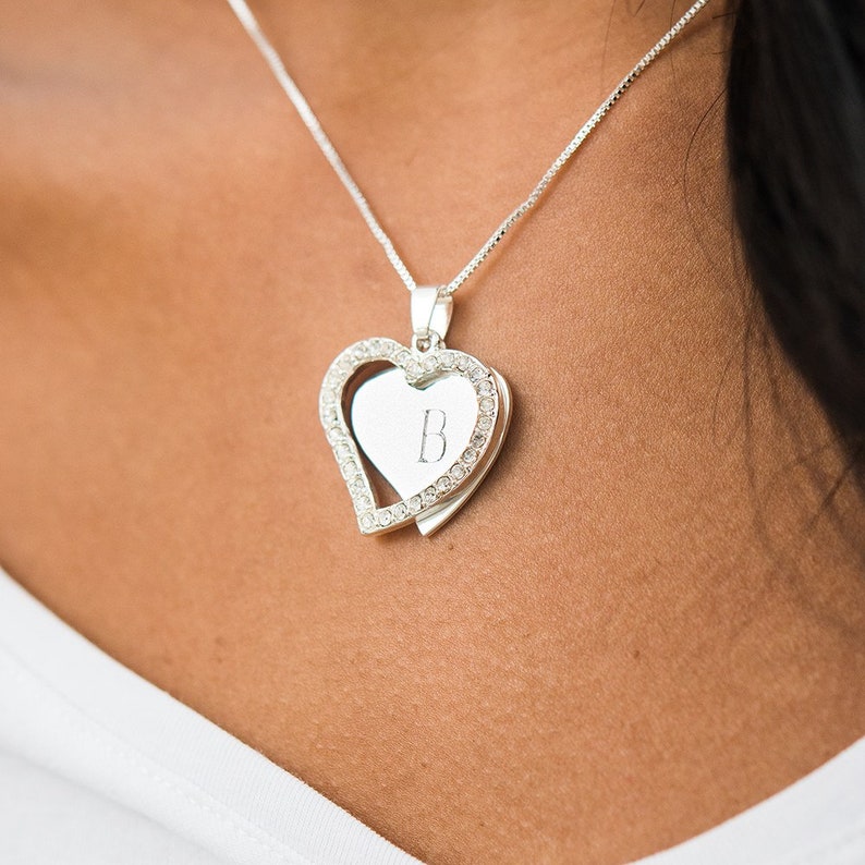 Double Hearts Locket With Initial and Rhinestones Personalized | Etsy