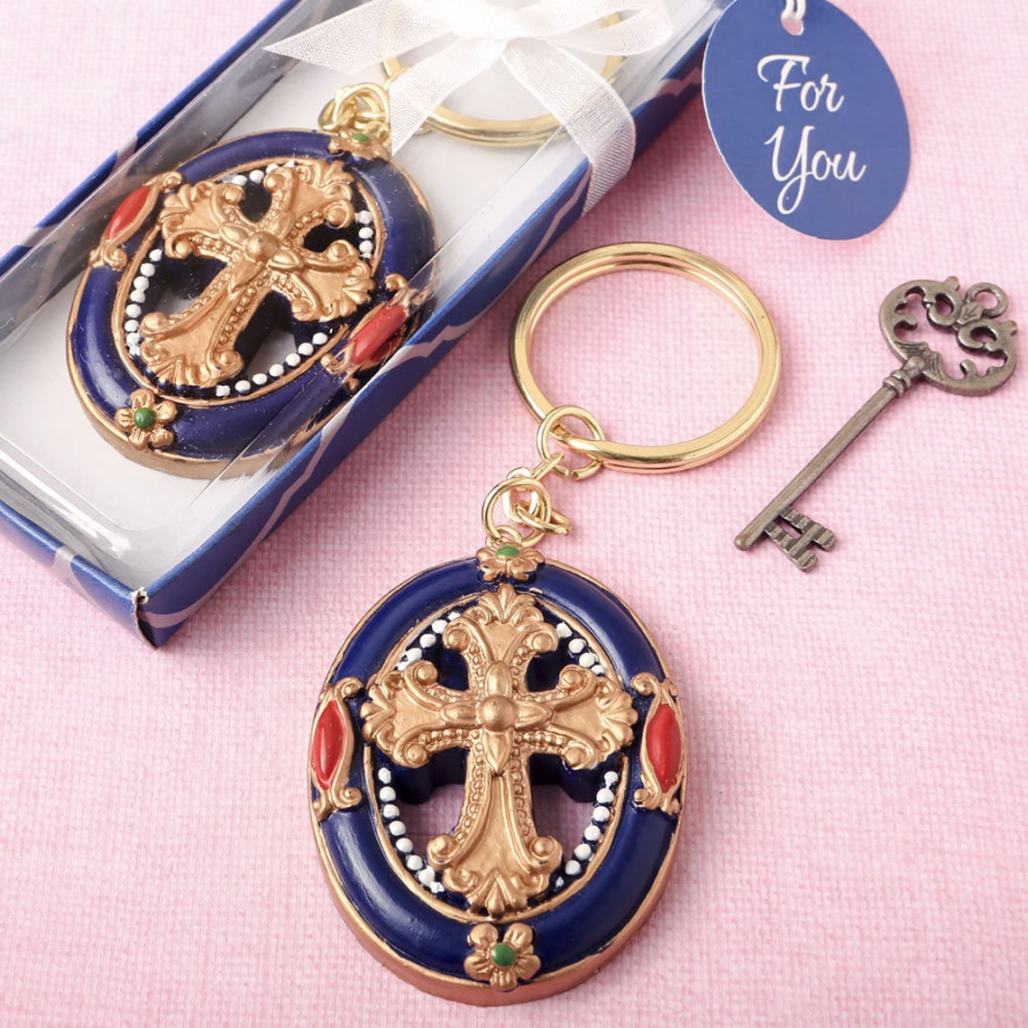 Religious Gold Cross Design Key Chain Favors Baptism - Etsy