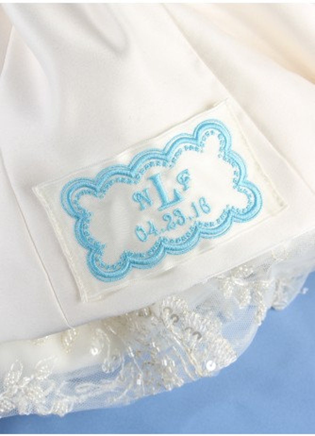 Custom Embroidered Scallop Border and Monogram Wedding Gown Dress Label ...
