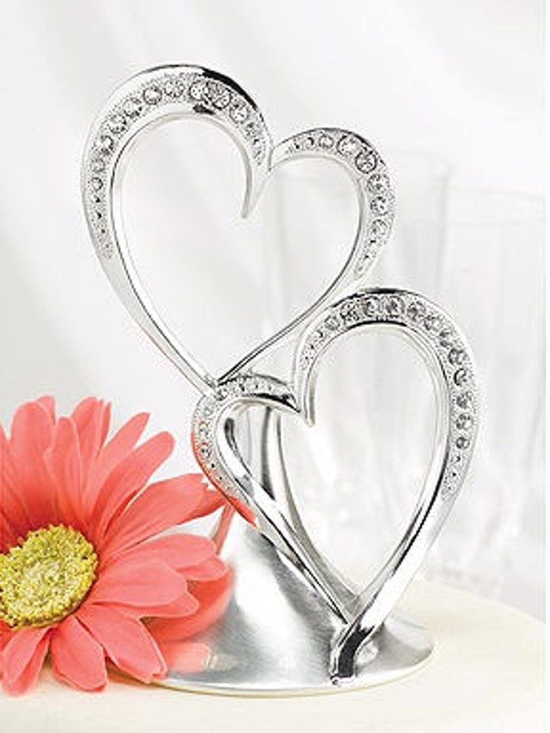 Sparkling Double Hearts Wedding Cake Topper Silver Top With Heart Motif ...