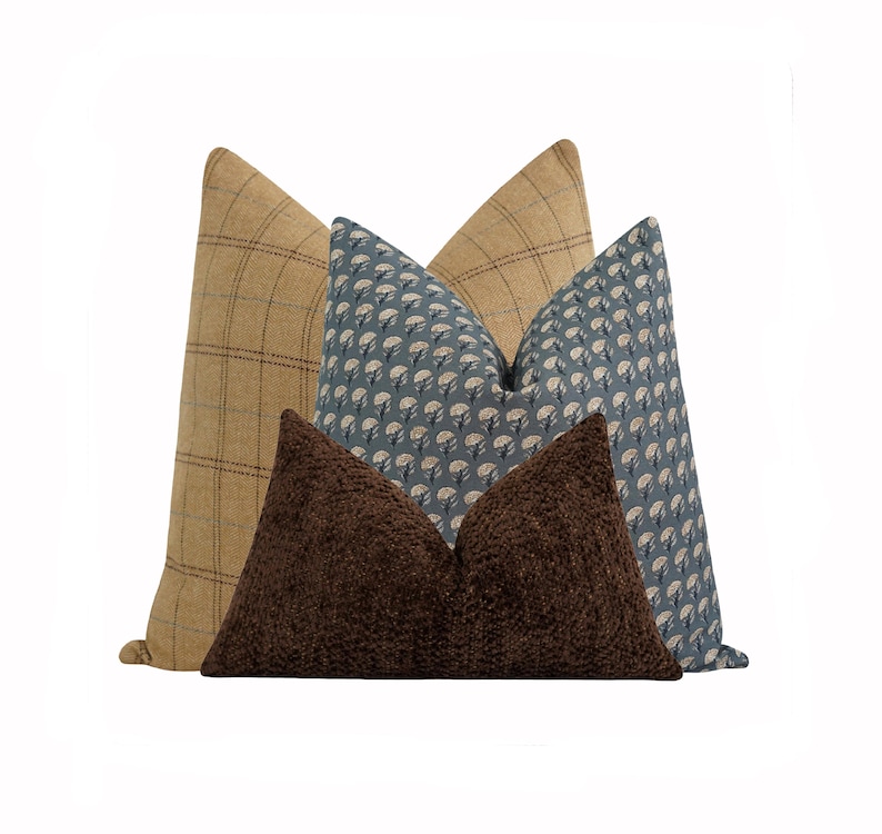 Stylish Slate Blue Throw Pillow Cover With Beige Brown and Navy Fan ...