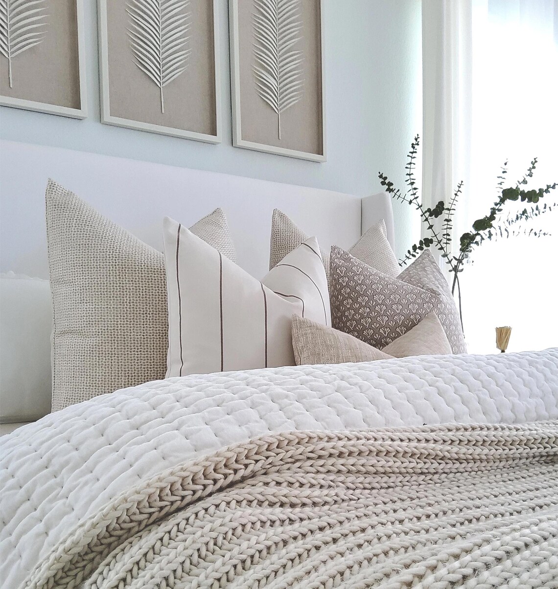 Textured Brown and Ivory Striped Pillow • Muted Neutral Lumbar Cover ...