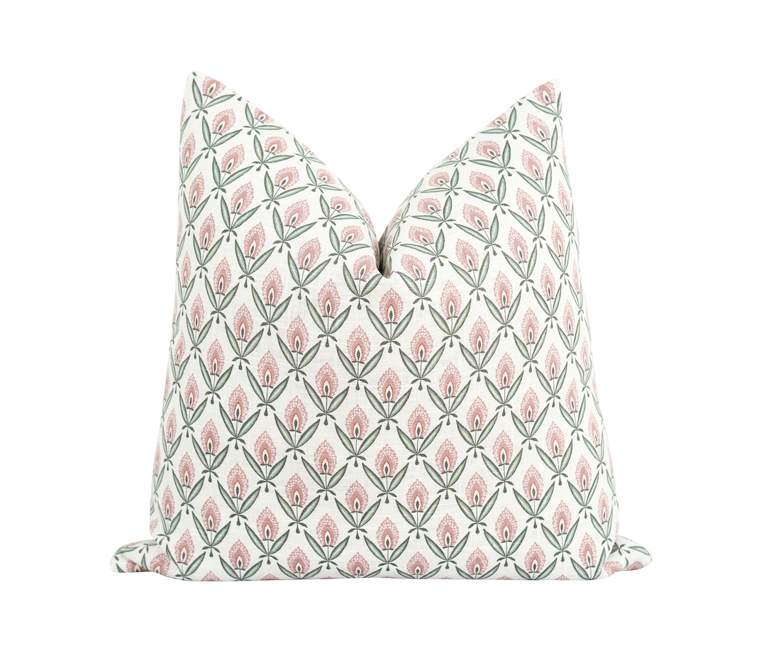 Rose Pink and Green Pillow Cover, Block Print Pillow Case, Small Scale ...