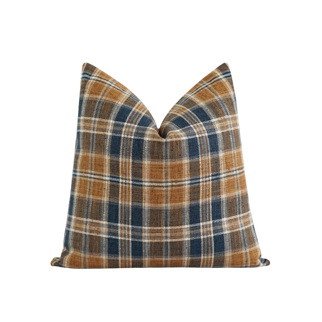 Cozy Plaid Pillow Cover in Dark Blue, Ivory & Rust, Woven Pillow Cover ...