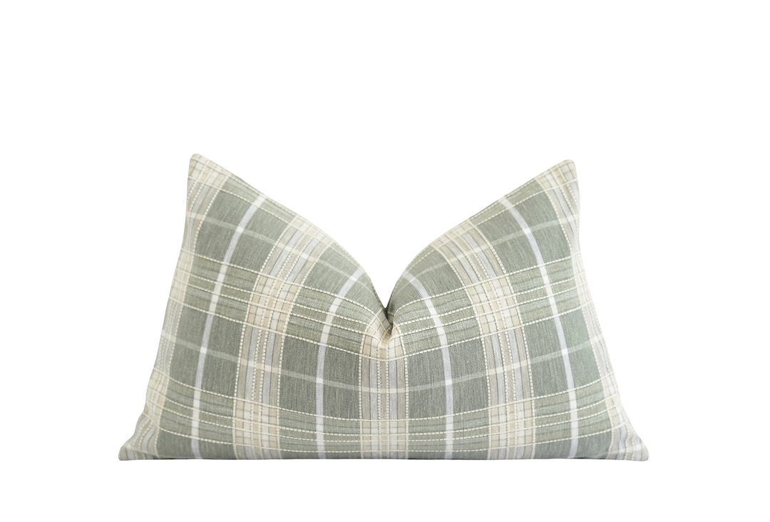 Plaid Lumbar Pillow Cover in Sage Tan and Ivory, Textured Woven Pillow ...